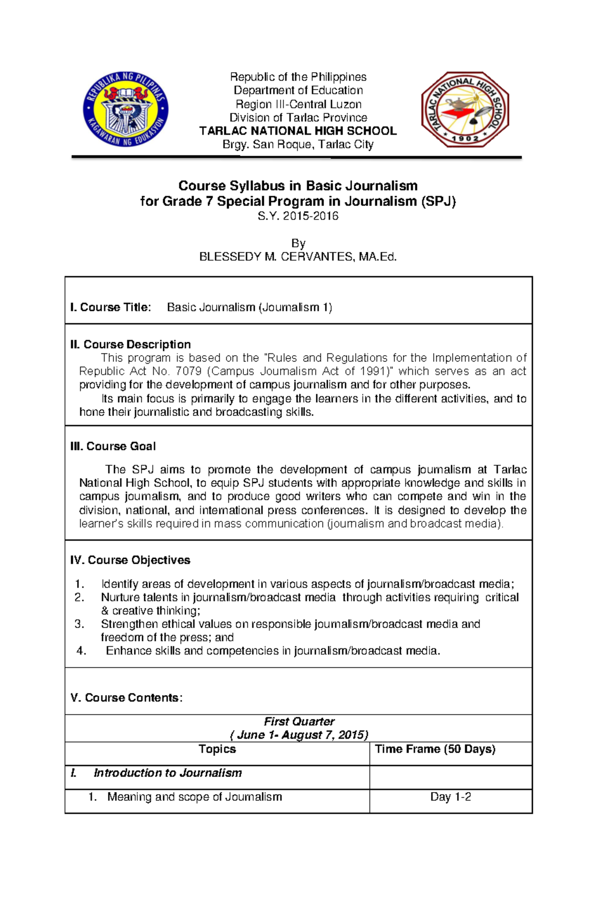 Course Syllabus in Basic Journalism for - Republic of the Philippines ...