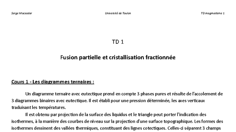 Magmatisme TD 1 - Fusion Partielle et Cristallisation Fractionnée - Studocu