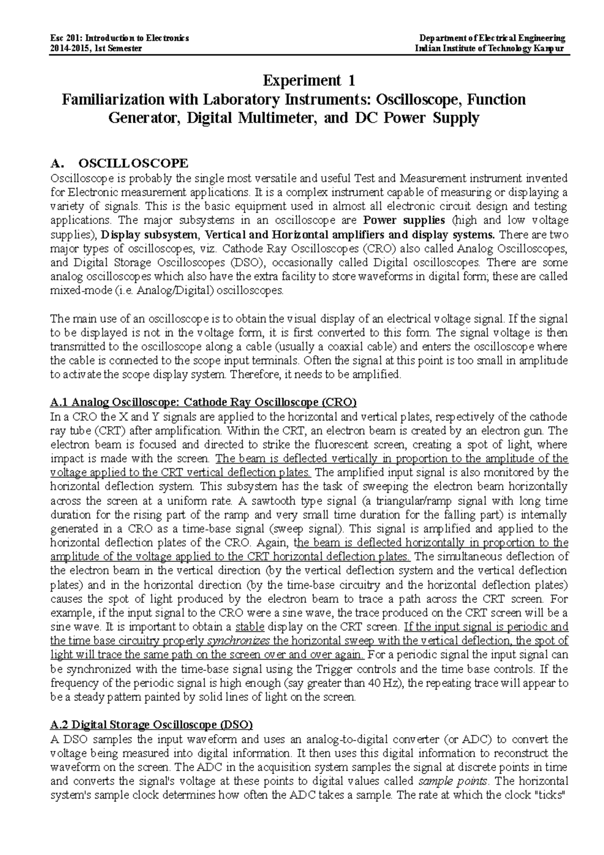 ESC 201: Lab Instruments Familiarization - Oscilloscope, DMM, and FG - Studocu