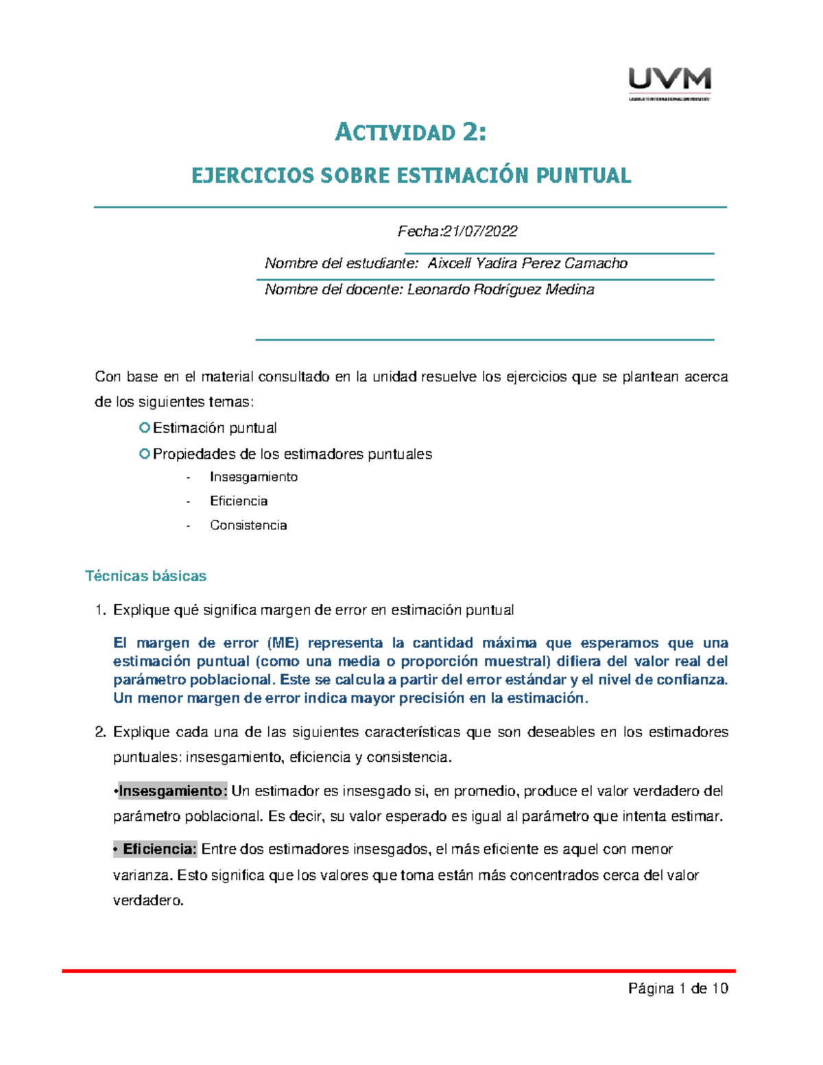ACTIVIDAD 2: EJERCICIOS DE ESTIMACIÓN PUNTUAL A2 AYP - Studocu