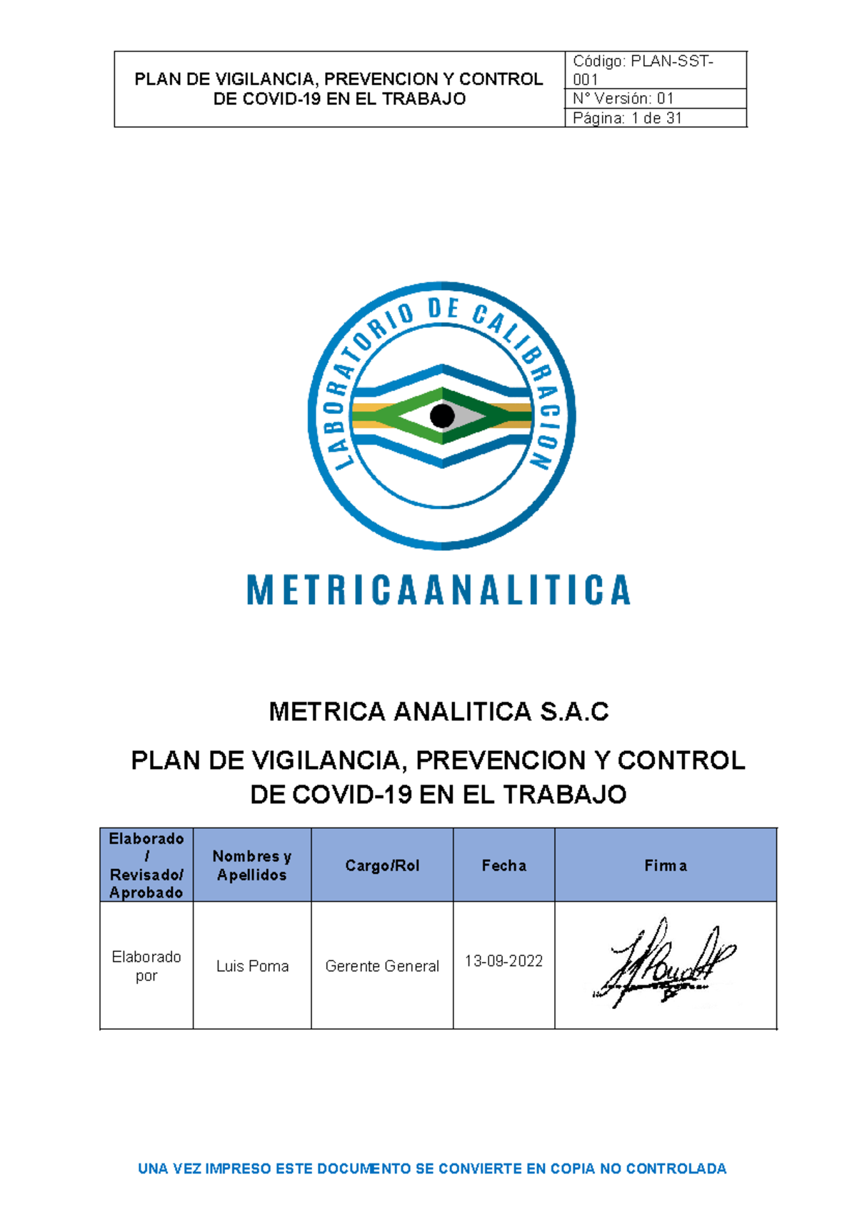 Plan de Vigilancia, Prevención y Control COVID-19 - Metrica Analitica S ...