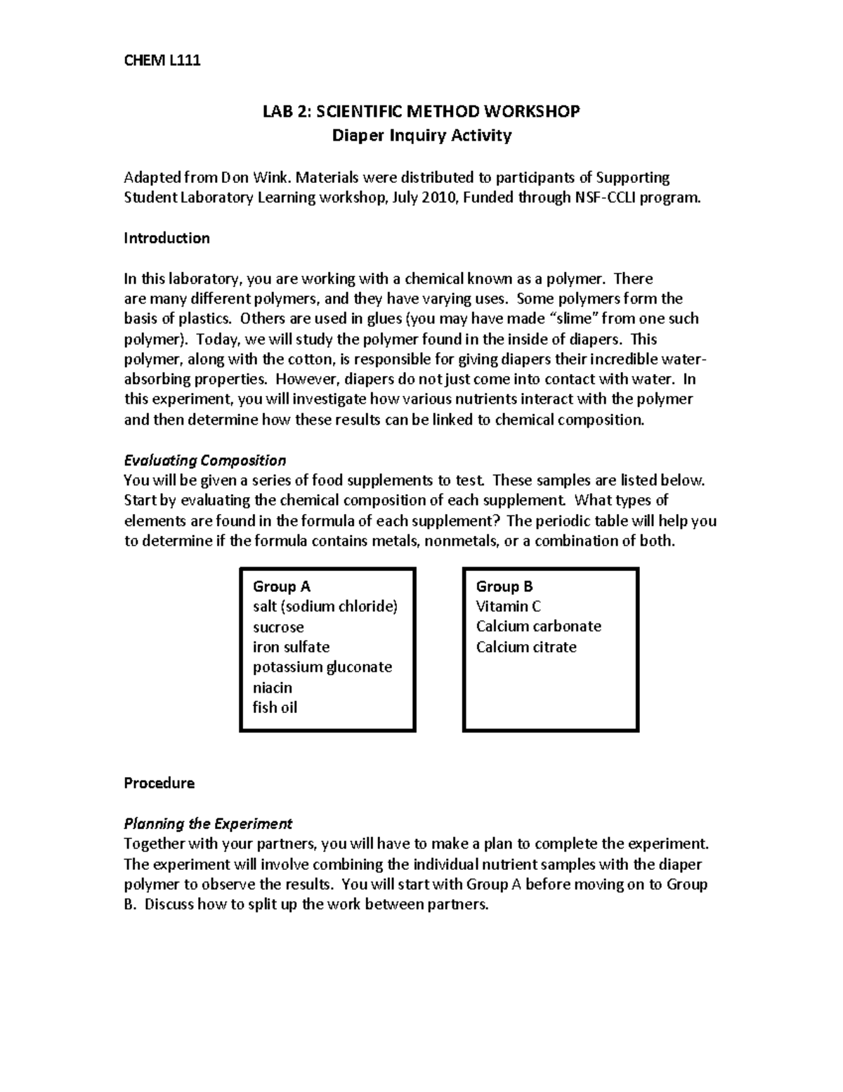2 Diaper Experiment Handout - CHEM L LAB 2: SCIENTIFIC METHOD WORKSHOP ...