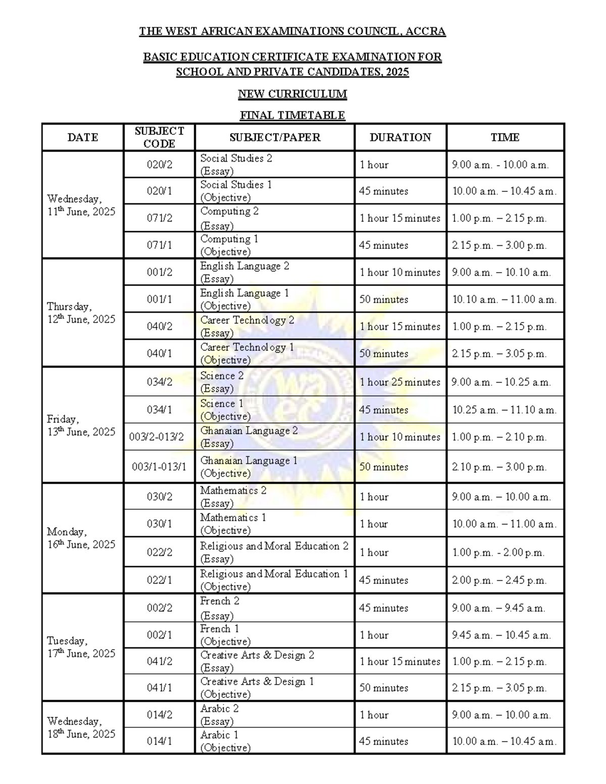 BECE 2025 Final Timetable for Basic Education Candidates - Studocu