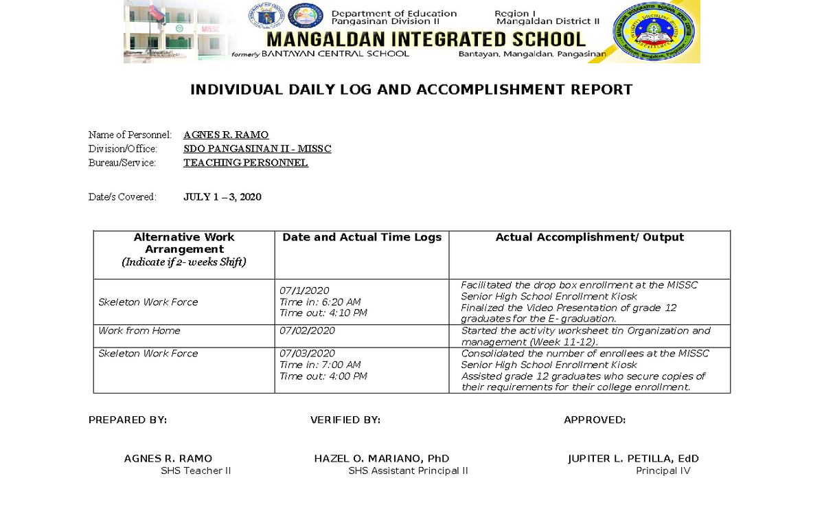 Individual Daily Log & Accomplishment Report (July 2020) - Studocu