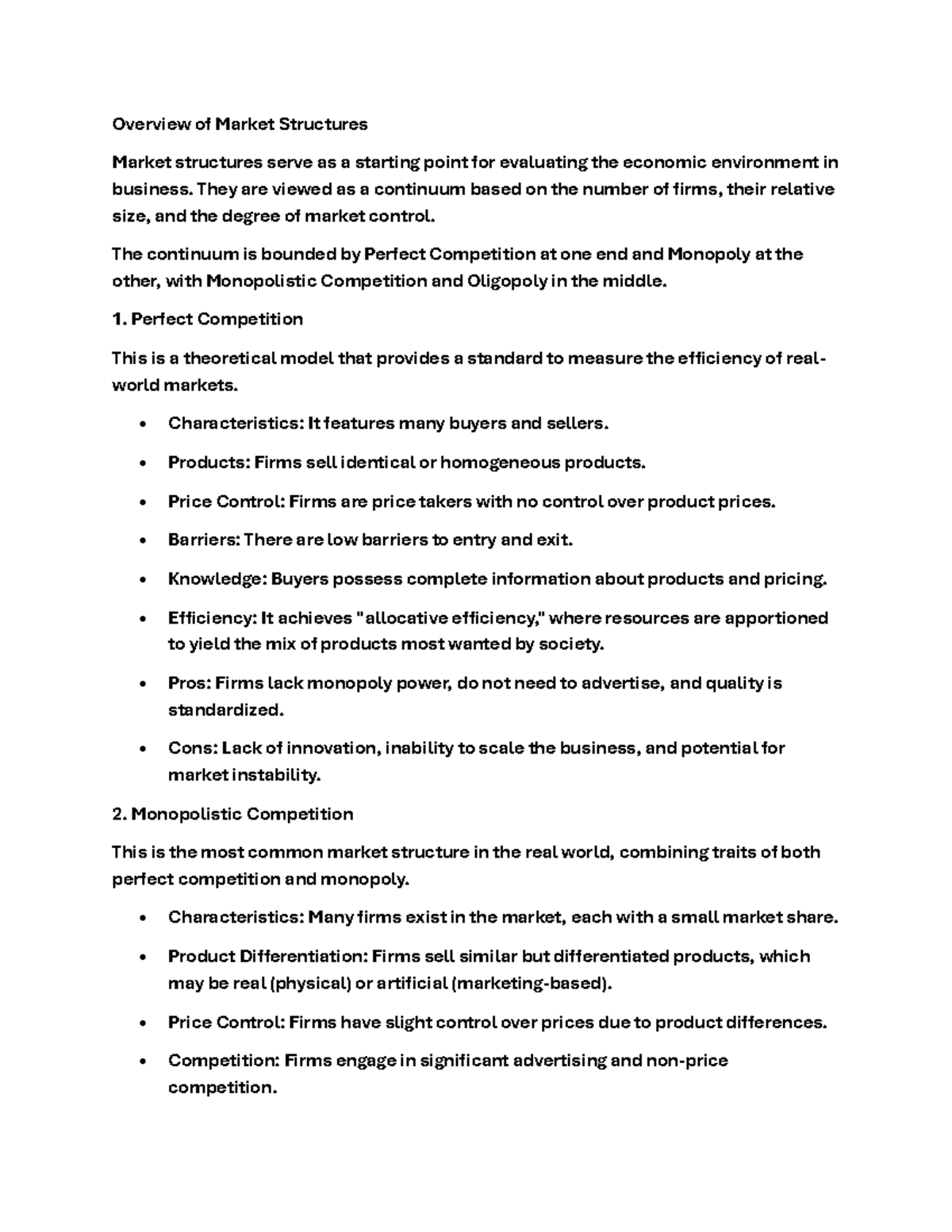 Market Structures - Overview and Analysis Notes - Studocu