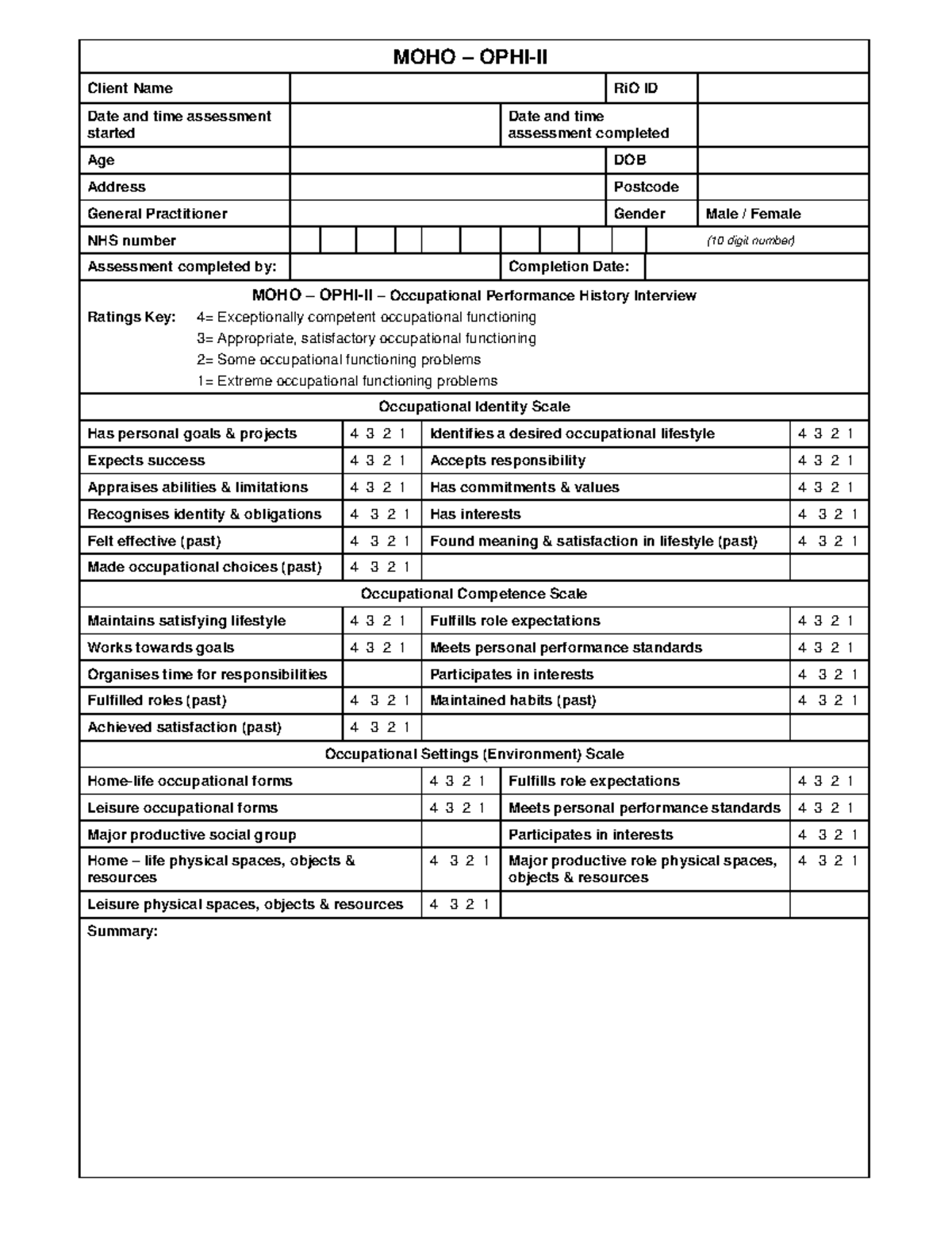 MOHOST Assessment Tool: Client Evaluation and Performance Metrics - Studocu