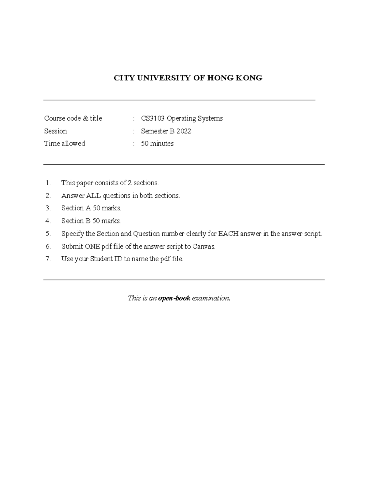 CS3103 midterm 2022 semB - Operating Systems - CityU - Studocu