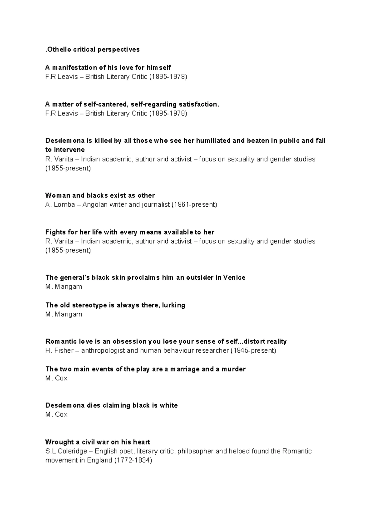 Othello Quote Bank: Key Quotes & Analysis - A Study Guide - Studocu