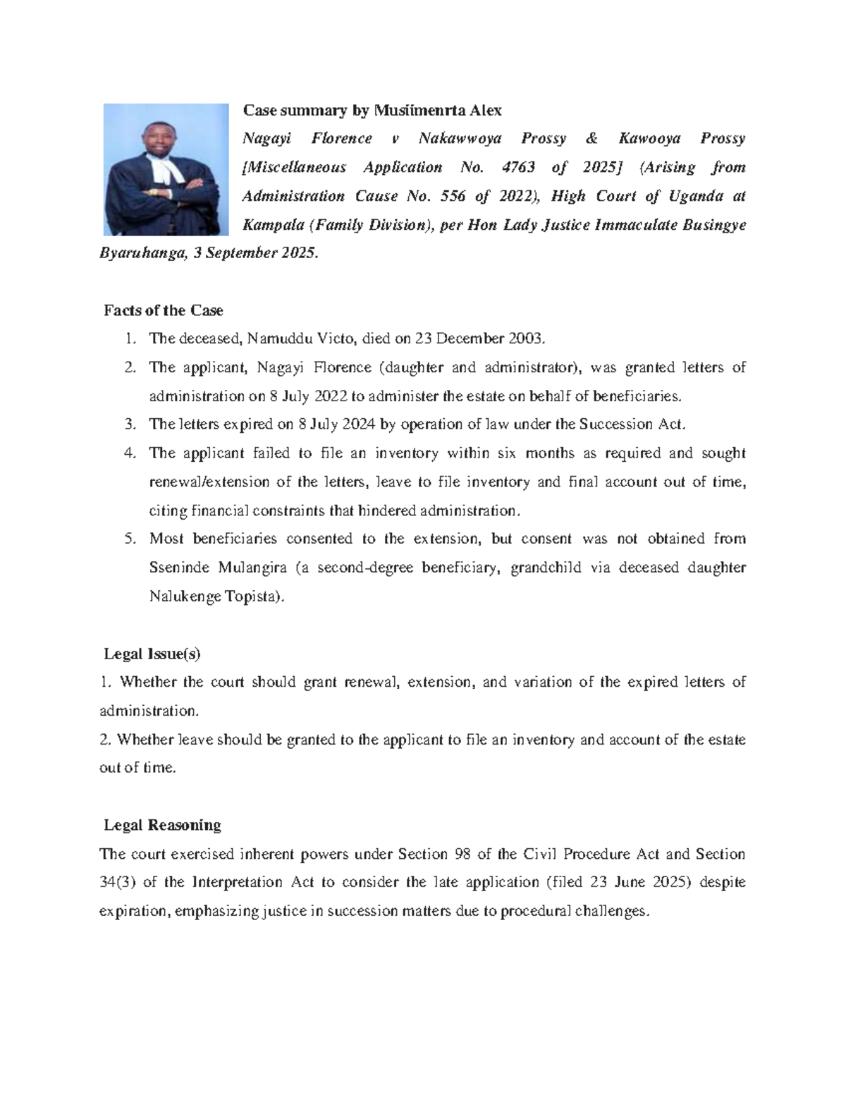 Case Summary: Nagayi Florence v Nakawwoya Prossy (Application No. 4763 ...