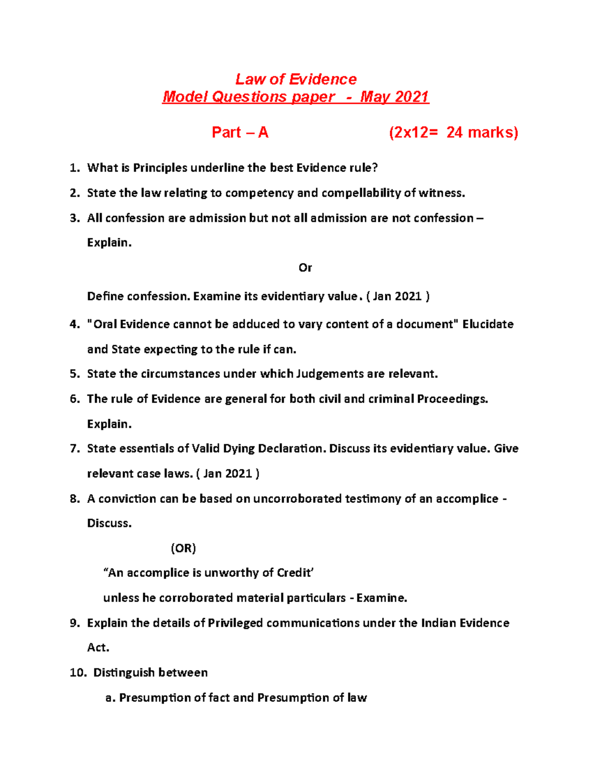 Evidence Model Question Paper - May 2021 Exam (Law of Evidence) - Studocu