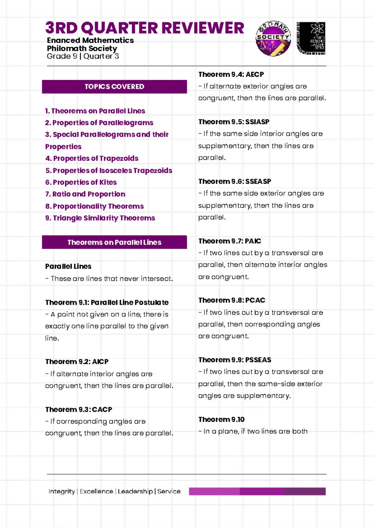 3RD QUARTER REVIEWER: Enhanced Mathematics 9-RURO Theorems & Properties ...