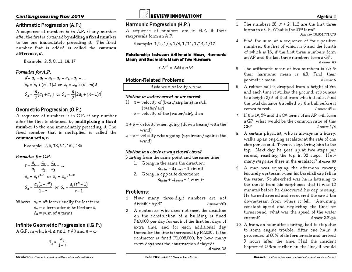 2019 Nov Algebra 2 - Review Innovations and Problem Solving - Studocu