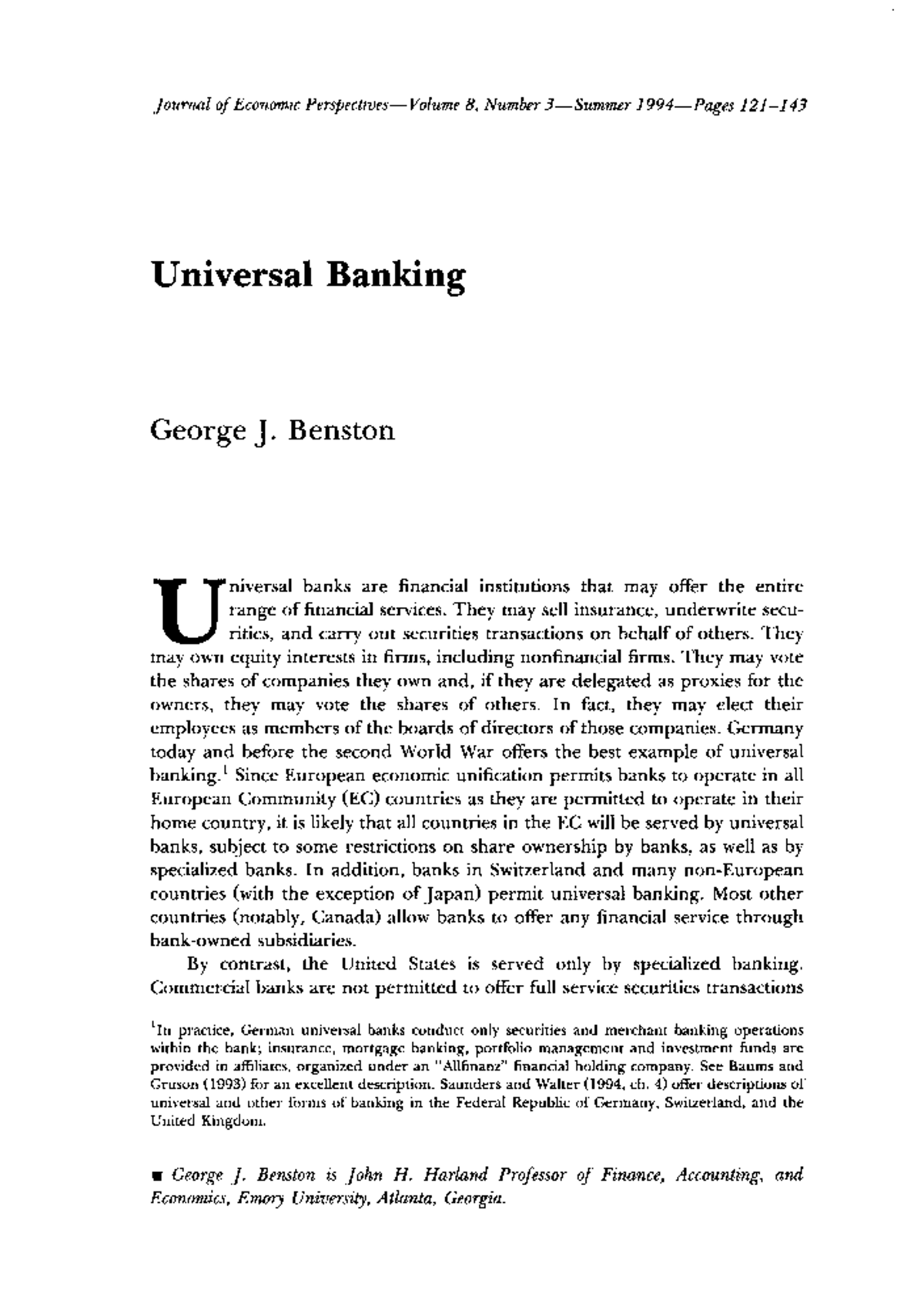 Universal Banking: Insights from George J. Benston's Analysis (Econ ...