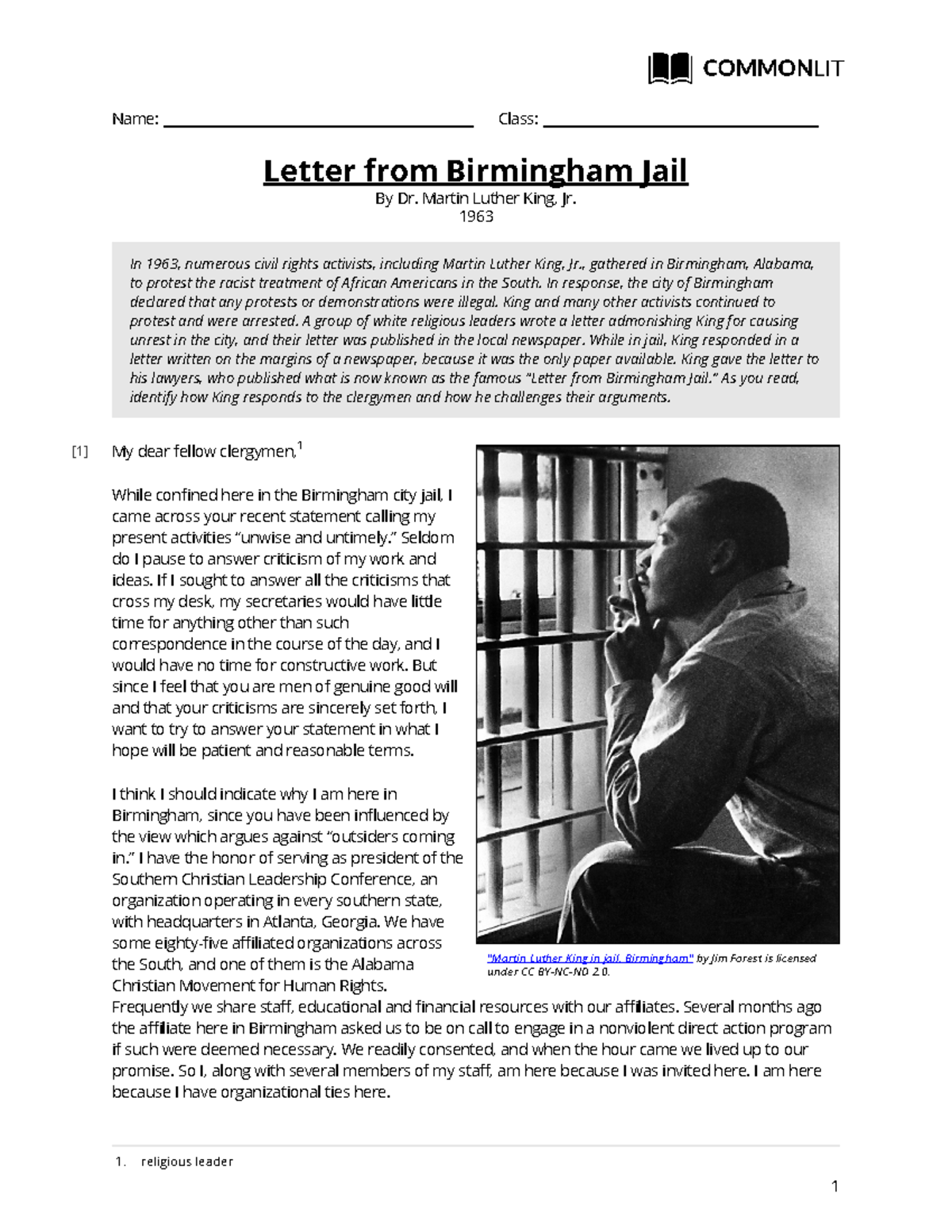 Common Lit: Analyzing Dr. King's Letter from Birmingham Jail - Studocu