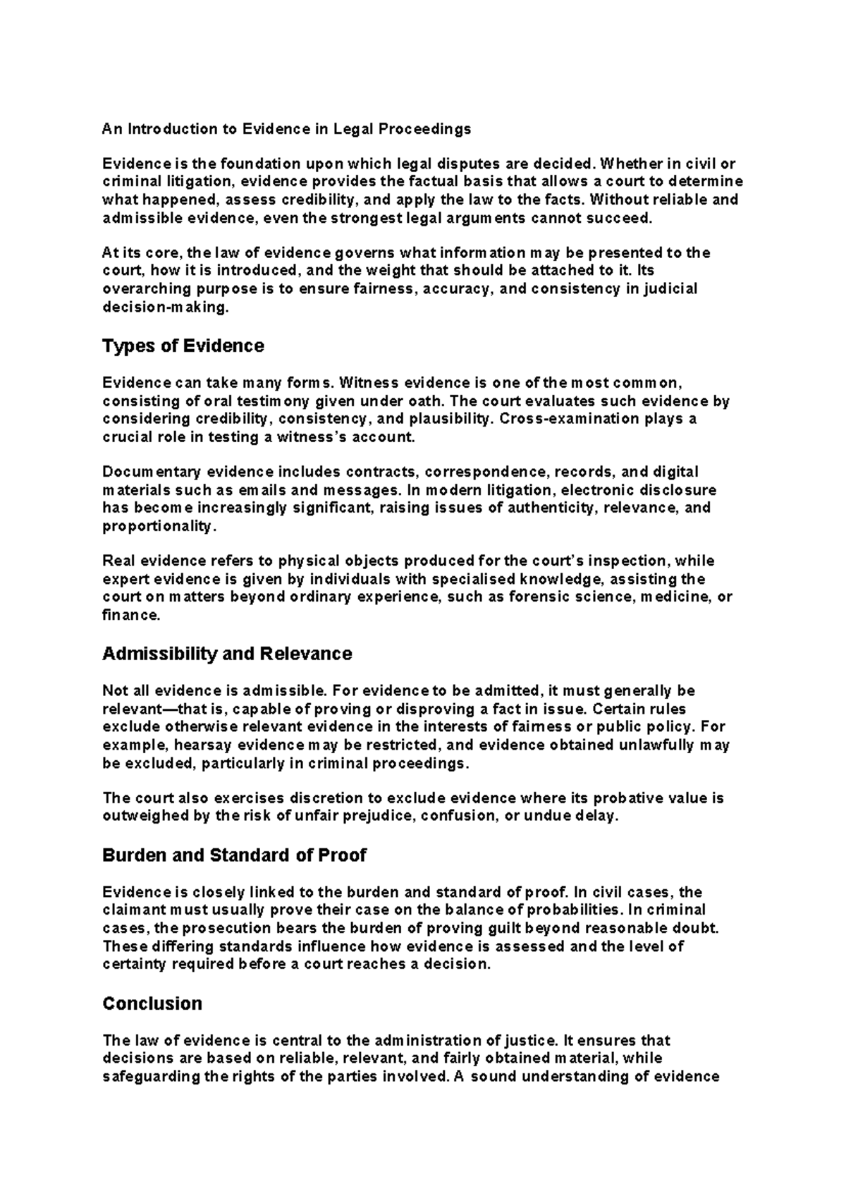 Legal Evidence Overview: Types, Admissibility, and Standards - Studocu