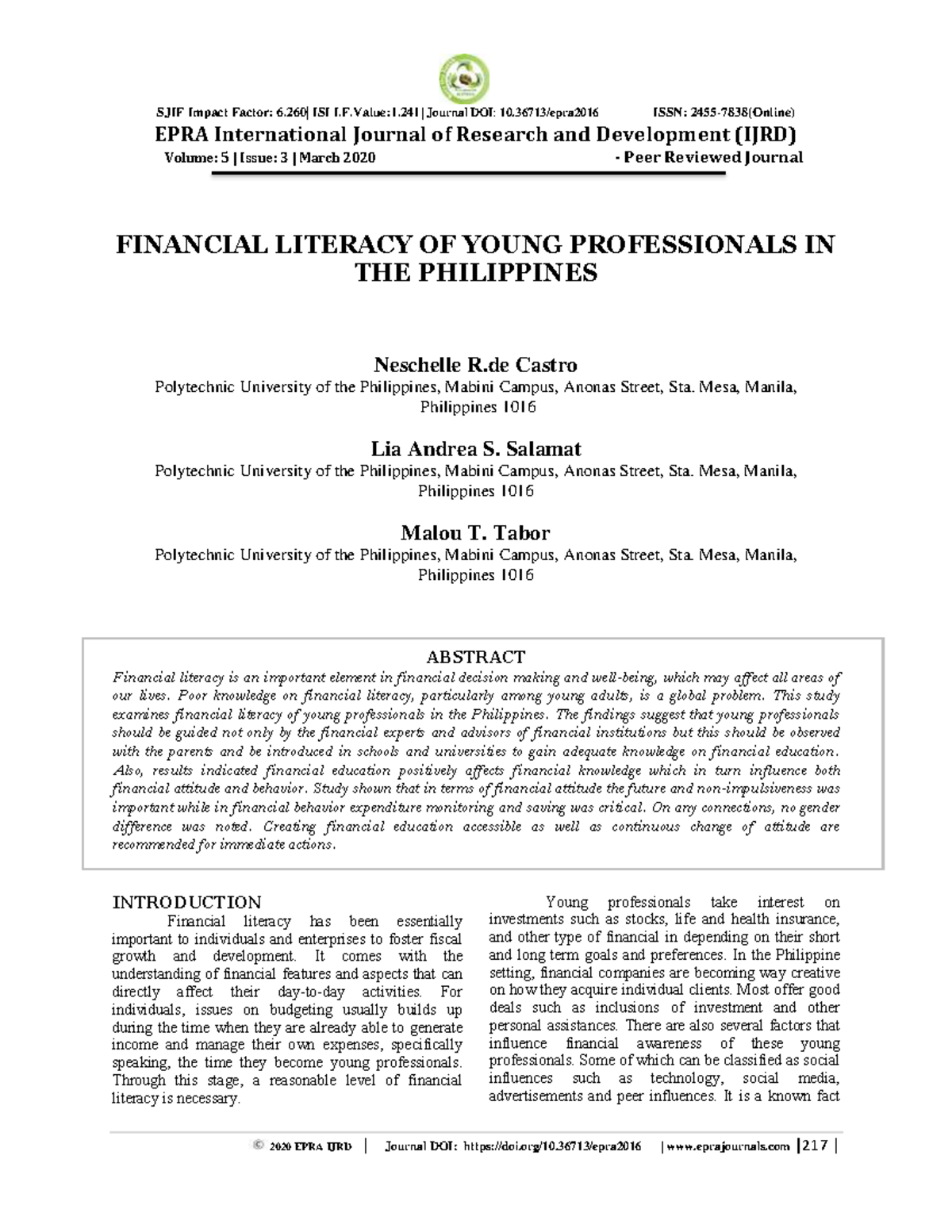 Financial Literacy Among Young Professionals in the Philippines: A ...