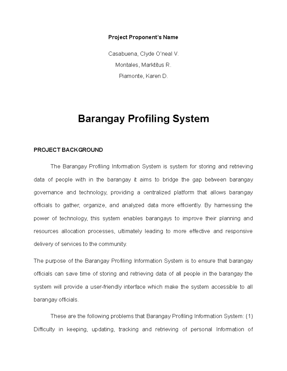 Barangay Profilling System August, 9 2023 - Project Proponent’s Name ...