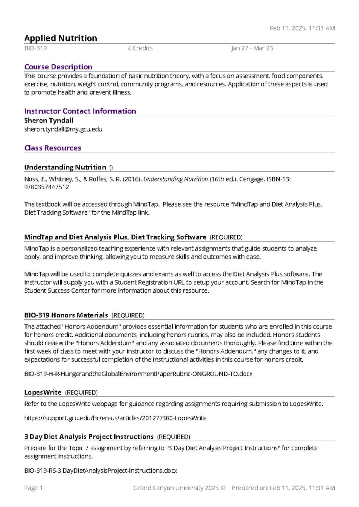 Syllabus for Applied Nutrition Course BIO-319 Jan-Mar 2025 - Studocu