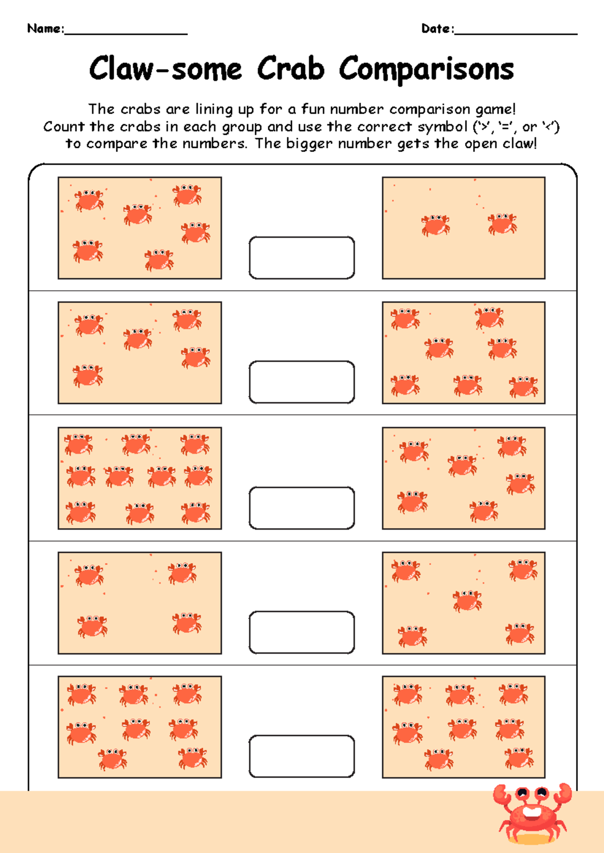 Claw-some Crab Comparisons - Kindergarten Worksheet - The crabs are ...