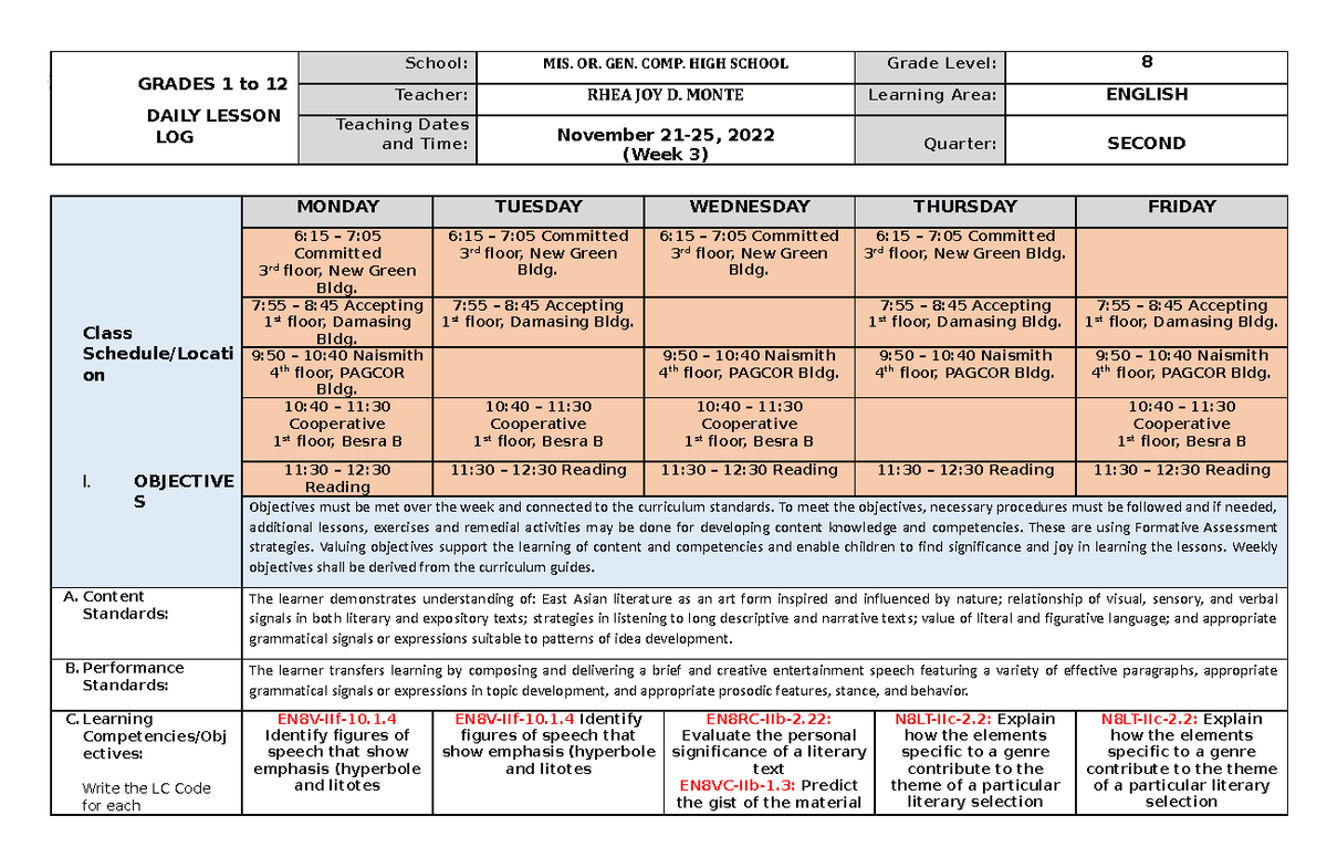 DLL- English 8 Q2 Weekly Lesson Log: Week 3 Overview - Studocu
