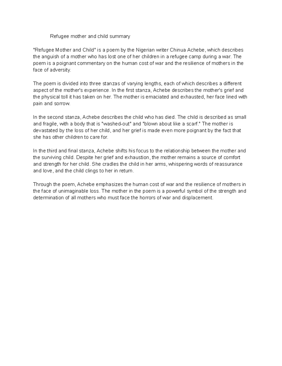 Refugee Mother and Child Poem Summary Analysis - Studocu