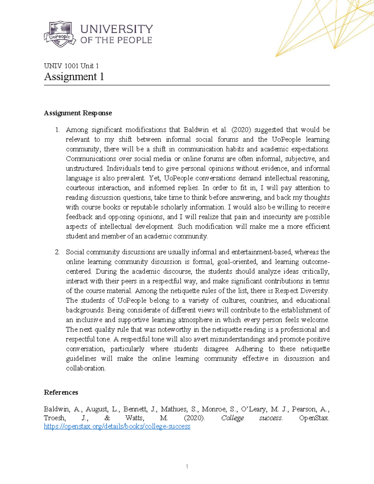 UNIV 1001 Unit 1 Assignment 1: Transitioning to UoPeople Learning ...