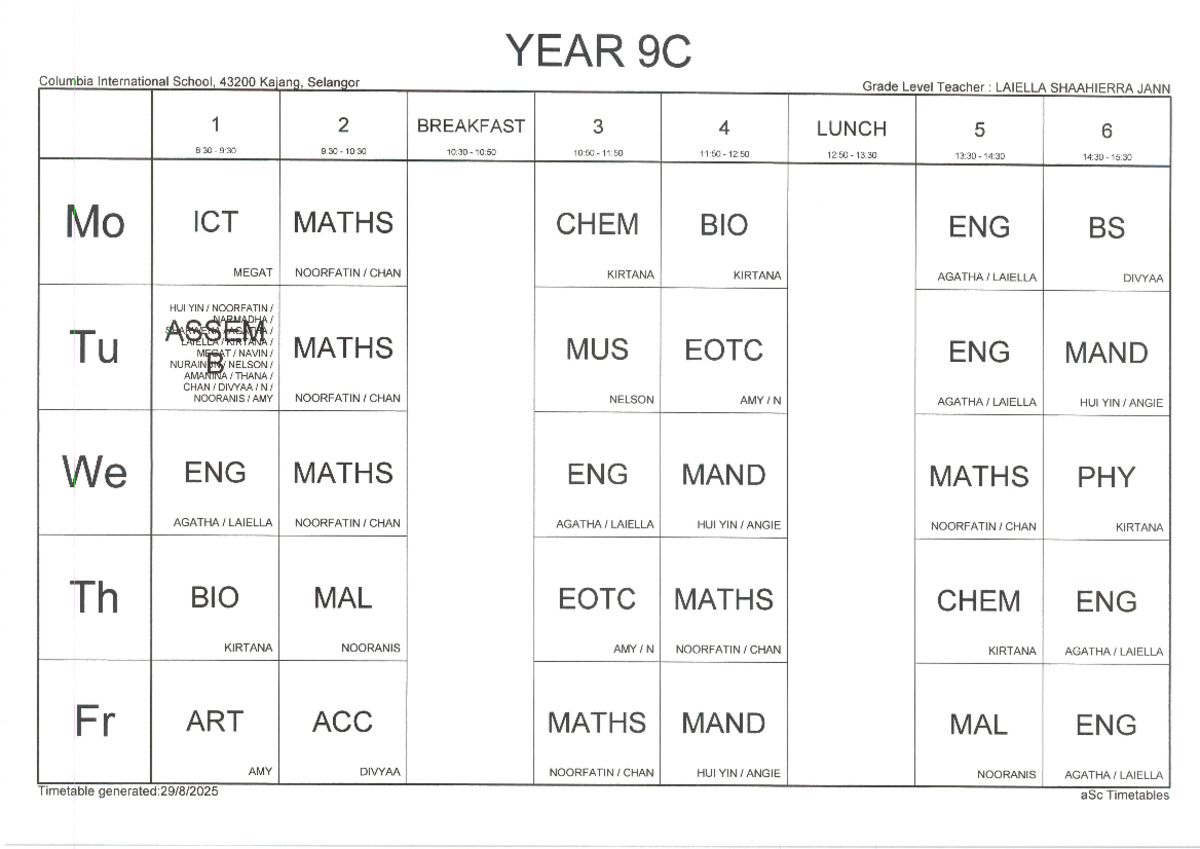 YEAR 9C Timetable - Columbia International School - Studocu