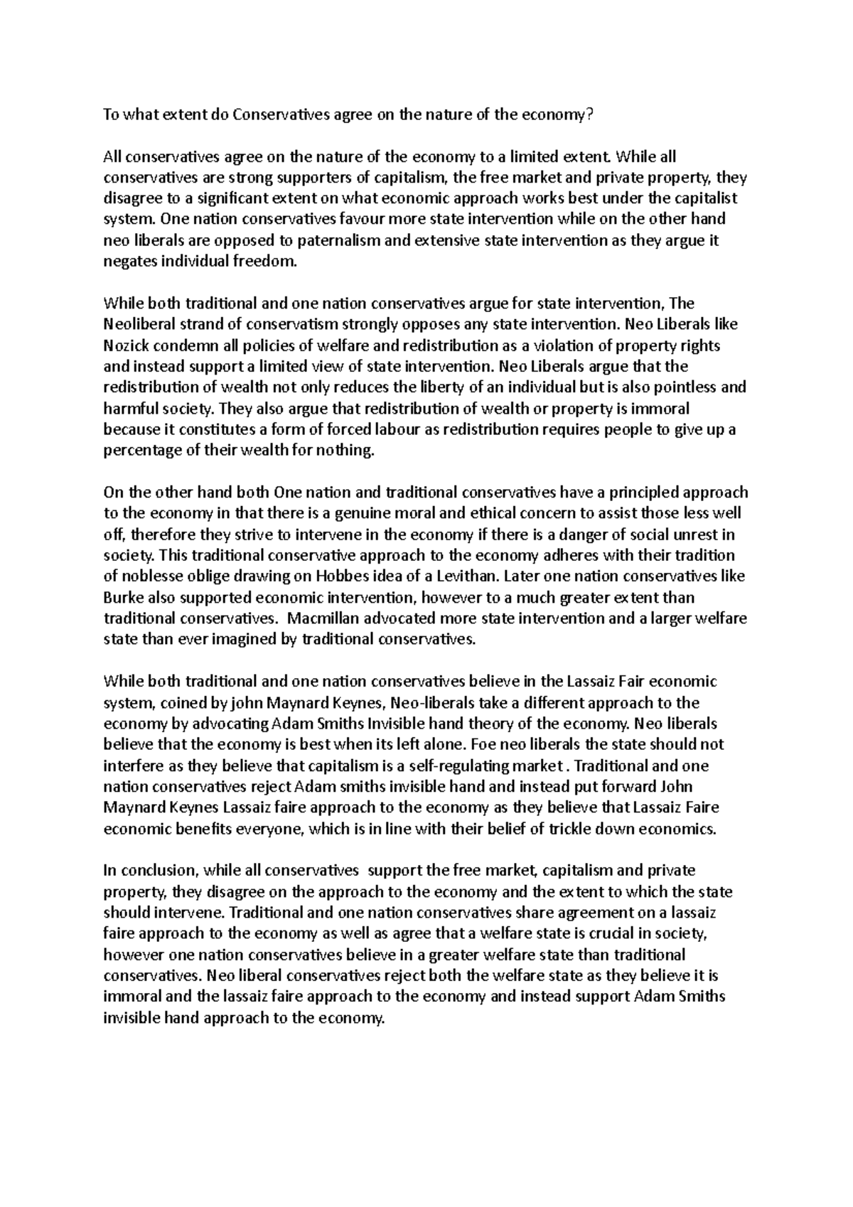 Conservative Views on Economic Theory: Agreement & Disagreement - Studocu