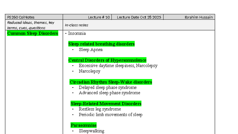 PS260 Lecture 10 Notes: Common Sleep Disorders & Hypnosis - Studocu