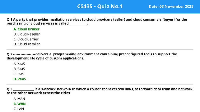CS435 Quiz No.1 - Cloud Services and Networking Concepts - Studocu