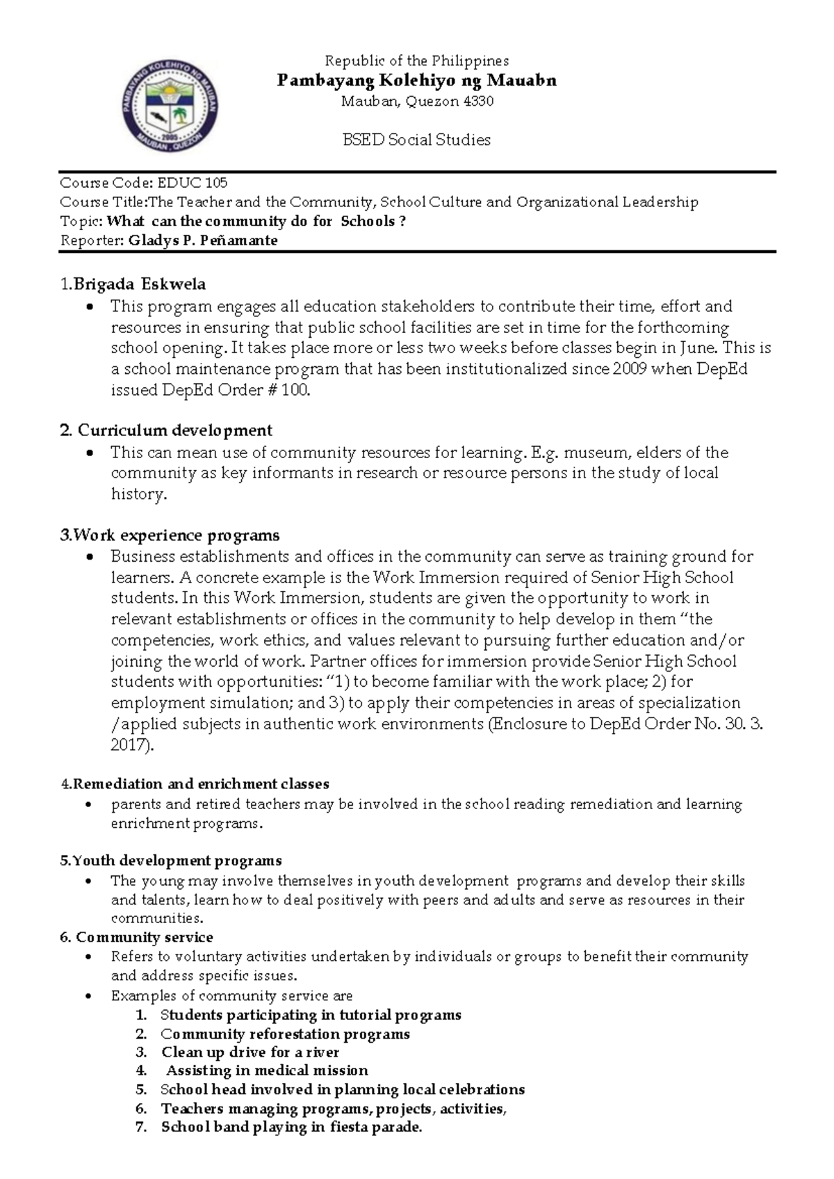EDUC 105 Handout: Community Contributions to Schools - Studocu
