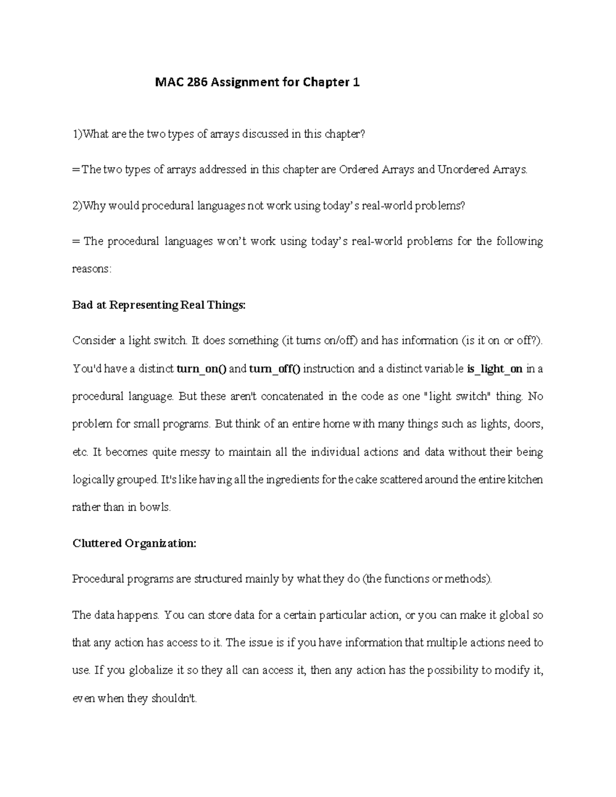 MAC 286 Chapter 1 Assignment: Arrays & OOP Advantages - Studocu