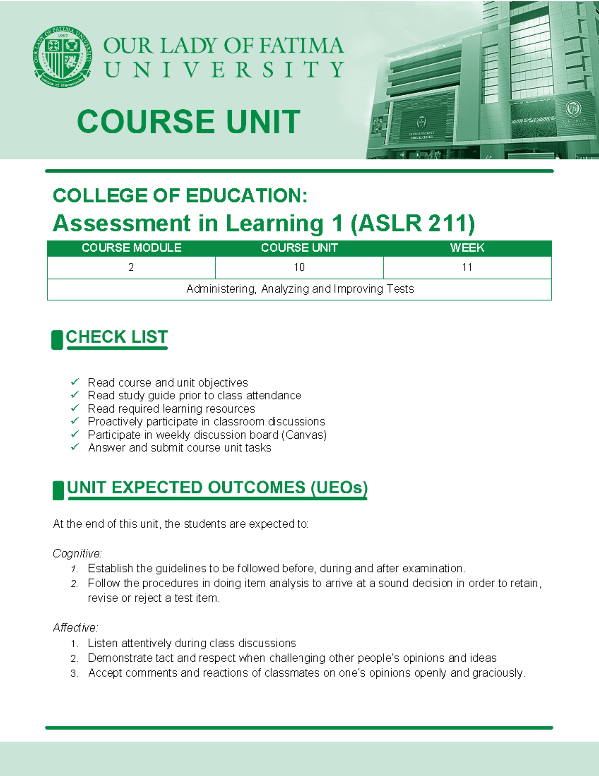 ASLR 211 Week 11: Administering & Analyzing Tests Overview - Studocu