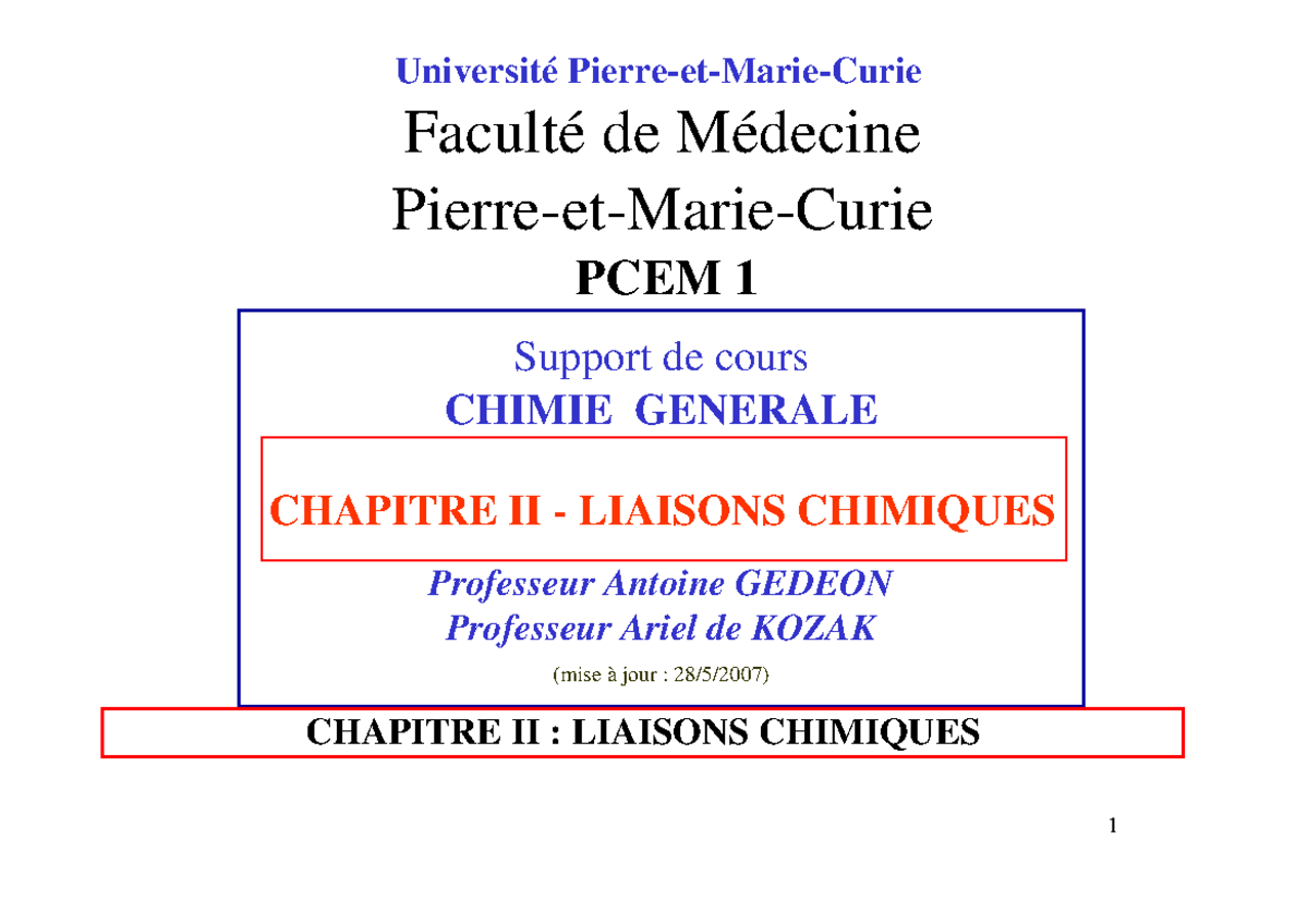 Chapitre II : Liaisons Chimiques - PCEM 1, Cours de Chimie Générale ...