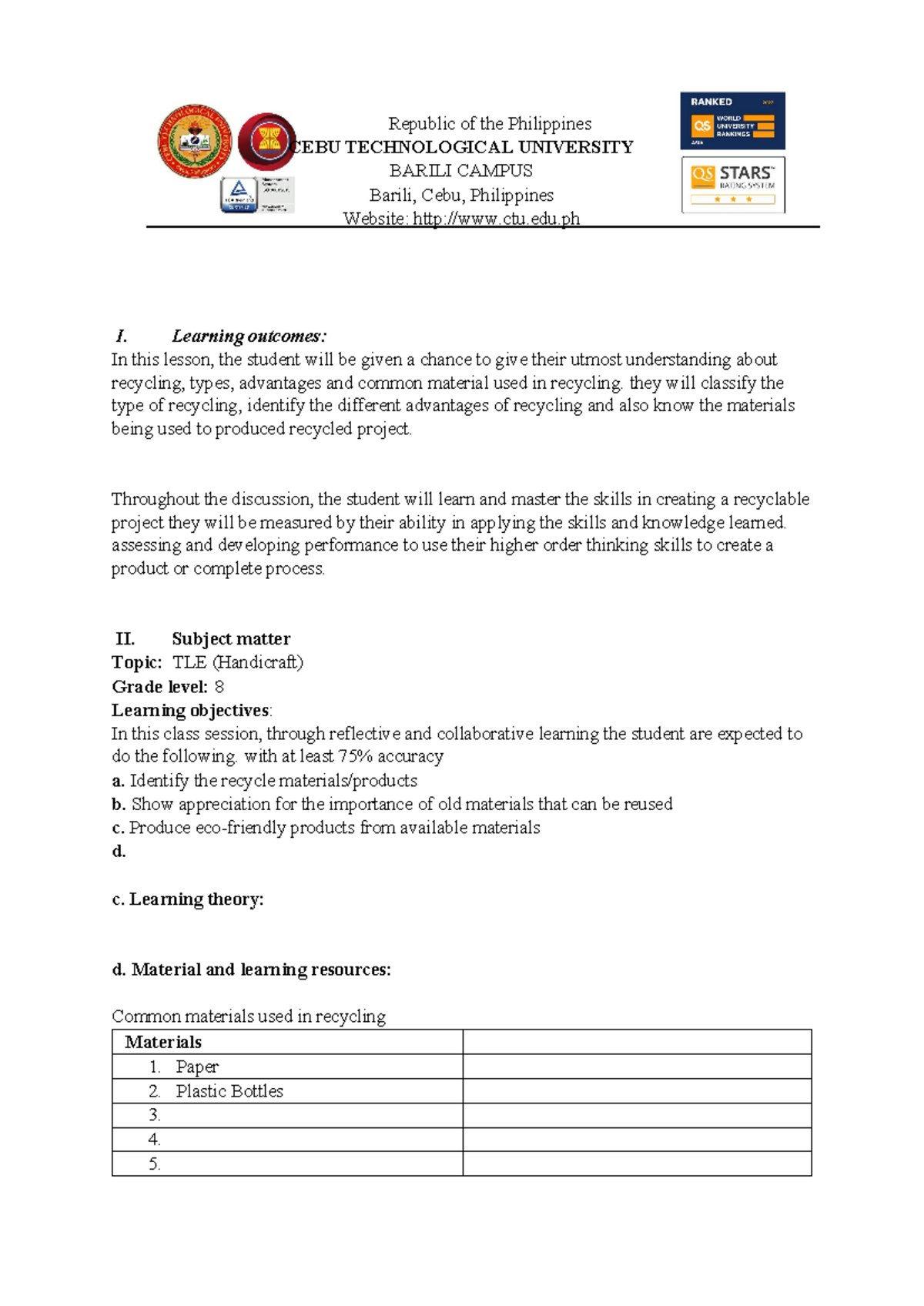 TLE 8 - PROJECT PLAN FOR HANDICRAFT: RECYCLING & ECO-FRIENDLY PRODUCTS ...