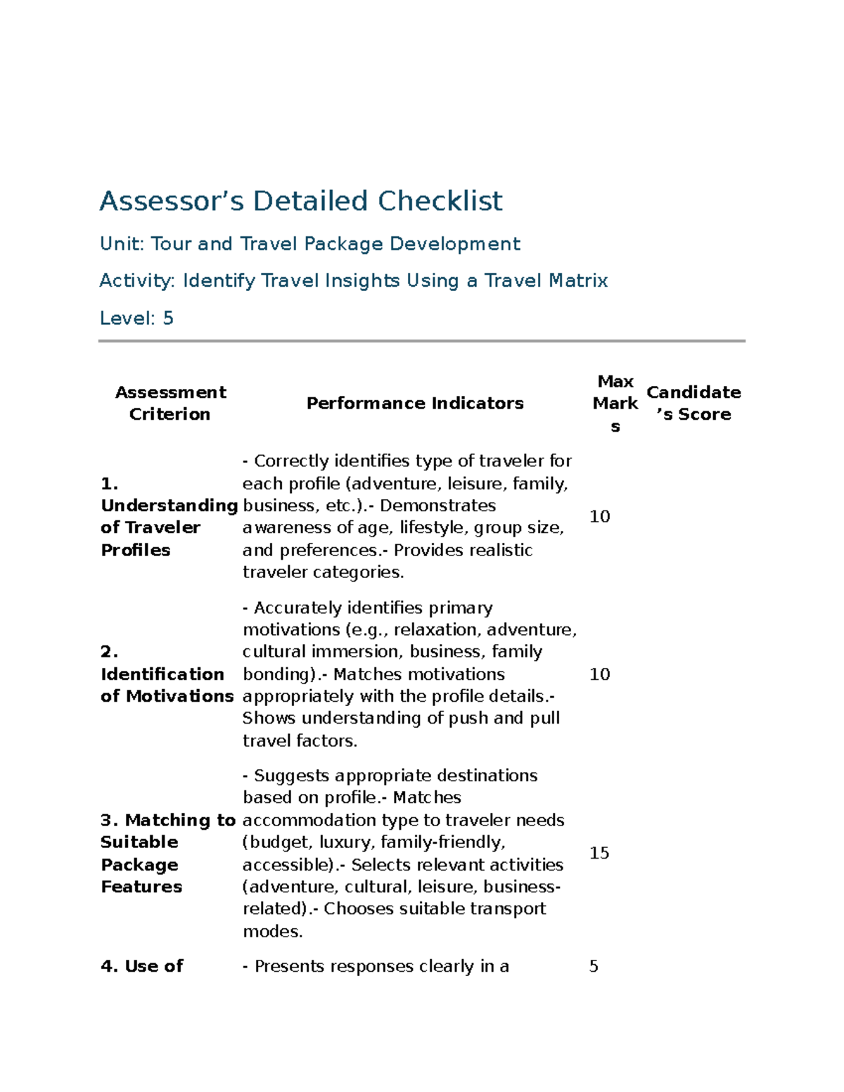 Travel Insight Checklist: Tour & Travel Package Development (Level 5 ...