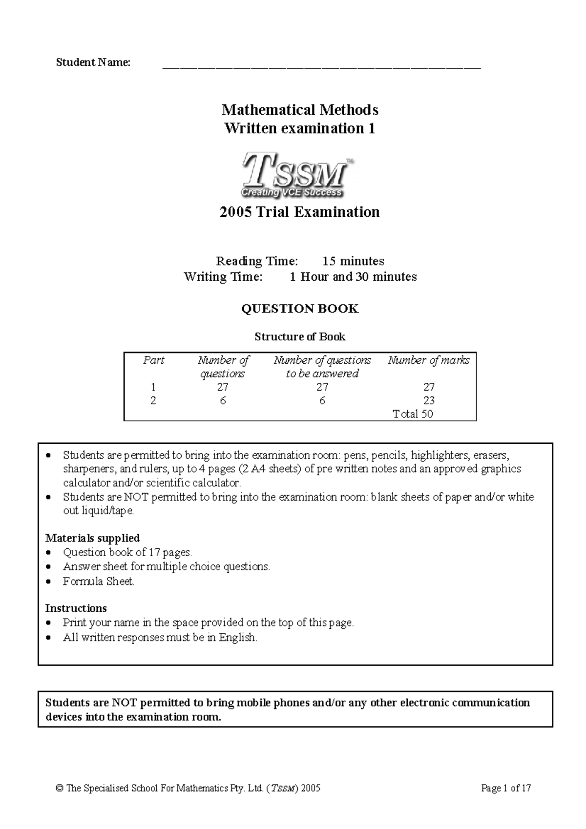 Maths Methods Unit 4 2005 Trial Exam 1 - Complete Question Book - Studocu
