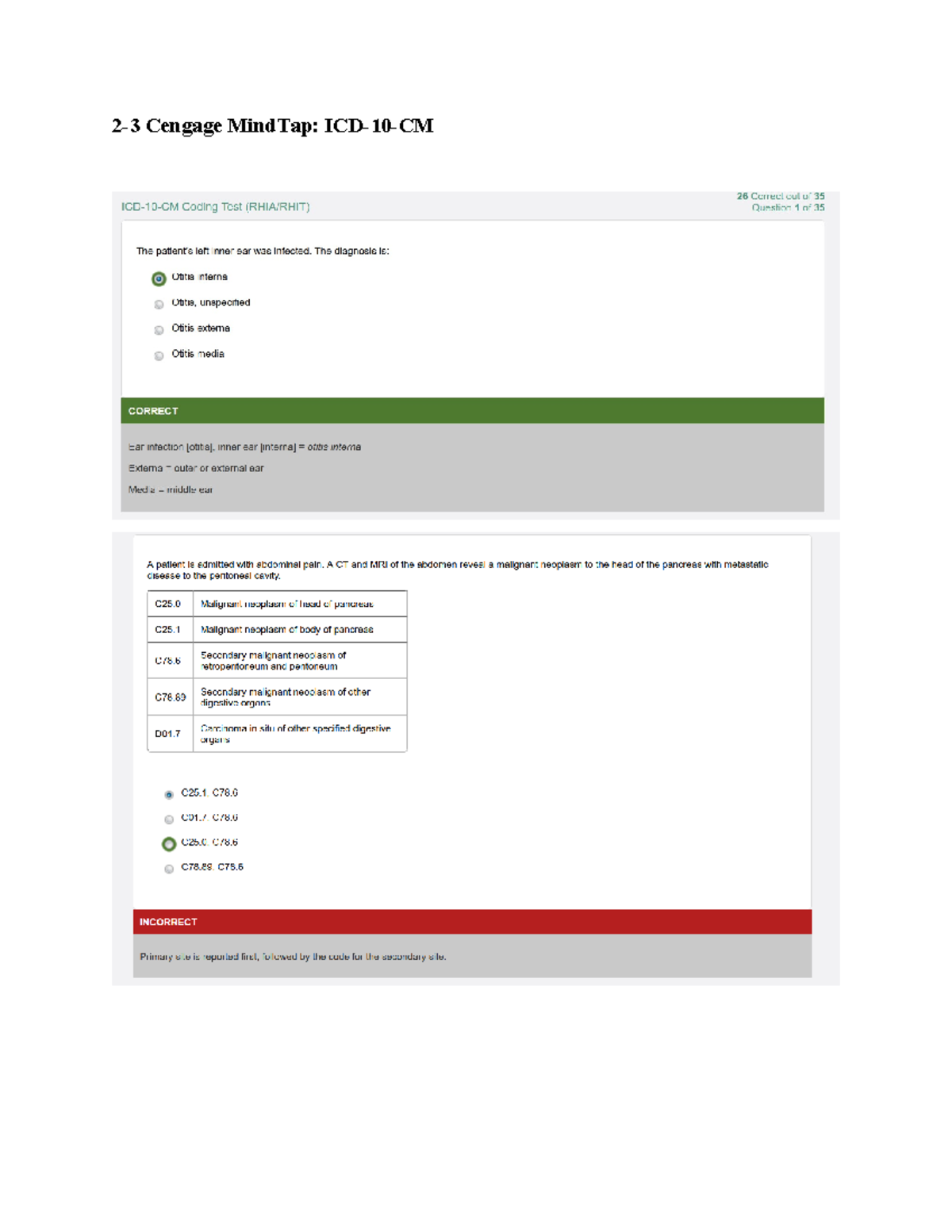Coding Test Questions for Cengage MindTap ICD 10 - 26/35 Correct - Studocu