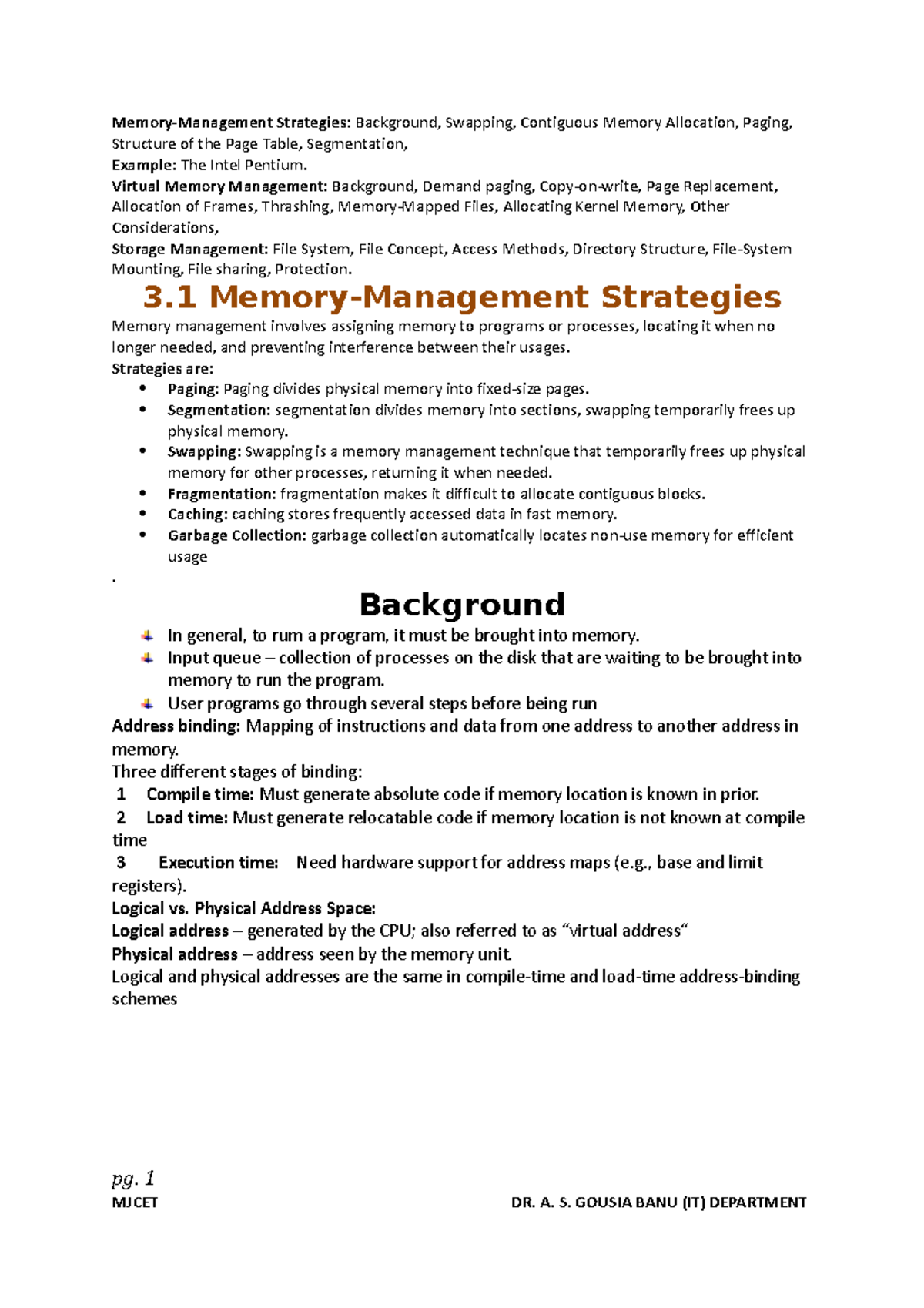Operating System UNIT 3 OU - Memory-Management Strategies: Background, Swapping, Contiguous ...
