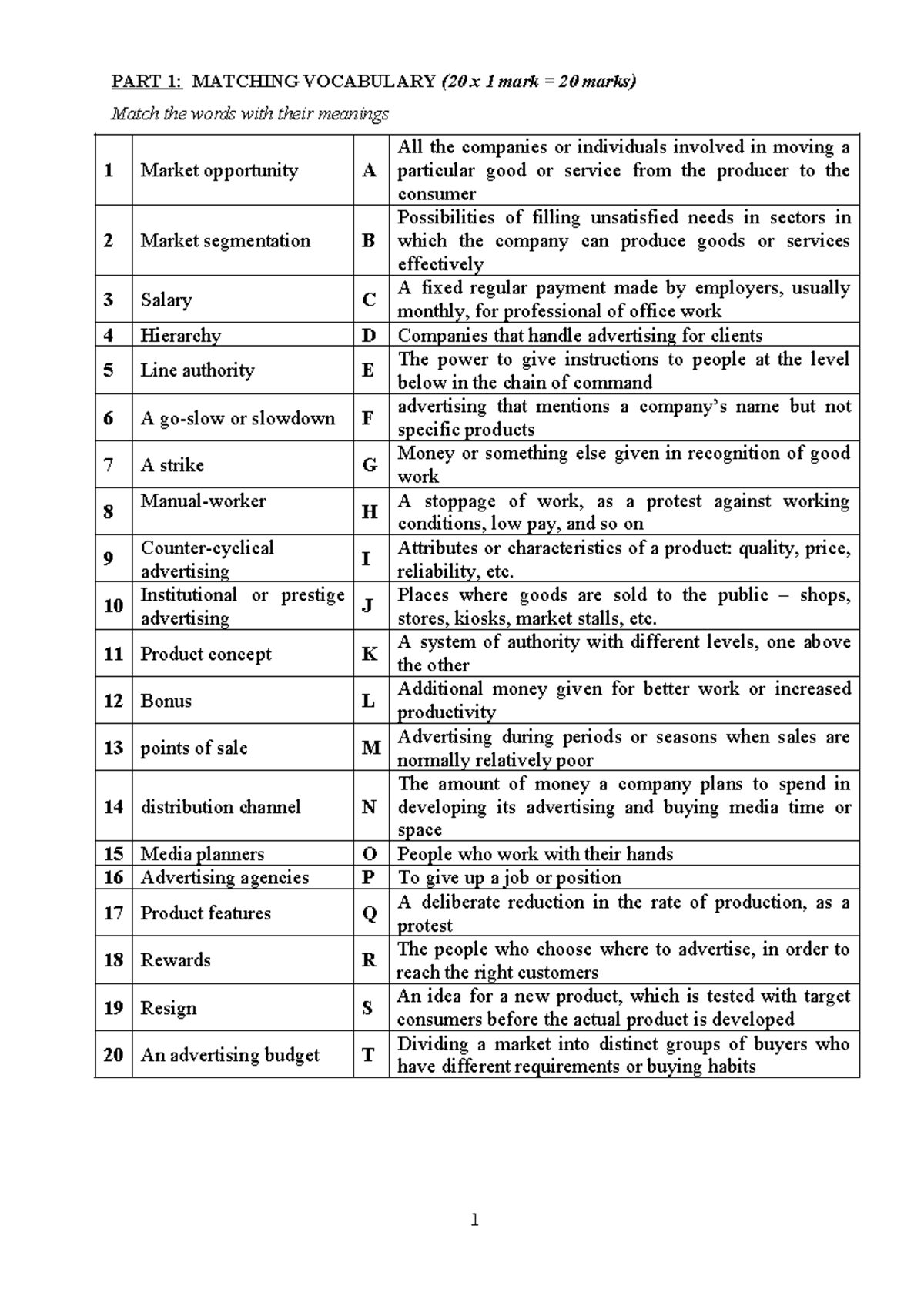 Reading-voca - Reading Vocab - PART 1: MATCHING VOCABULARY (20 x 1 mark ...