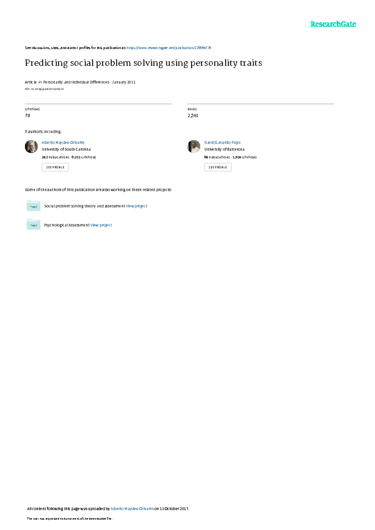 Predicting social problem solving using personalit - See discussions ...
