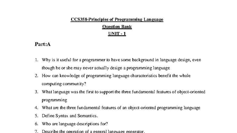 Principles of Programming Language Question Bank (Unit 1 & 2) - Studocu