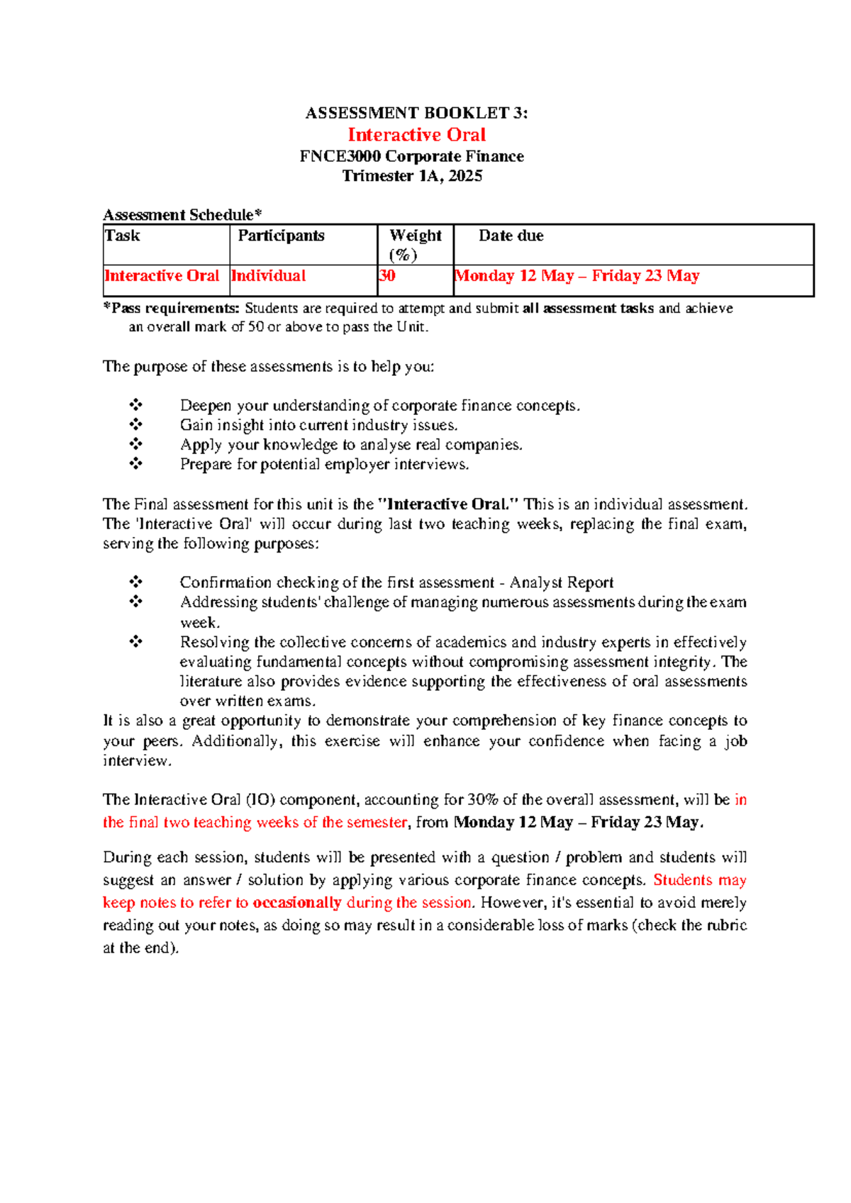 Assessment Booklet 3: Interactive Oral for FNCE3000 Tri1A 2025 - Studocu