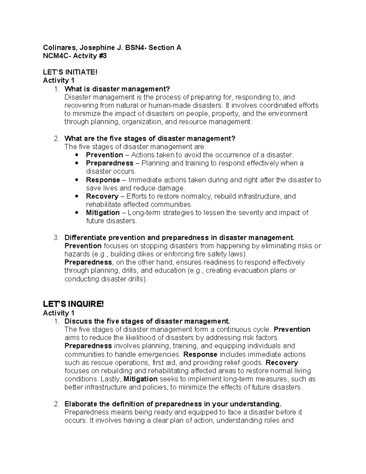 NCM4C Activity #3: Understanding Disaster Management Stages - Studocu