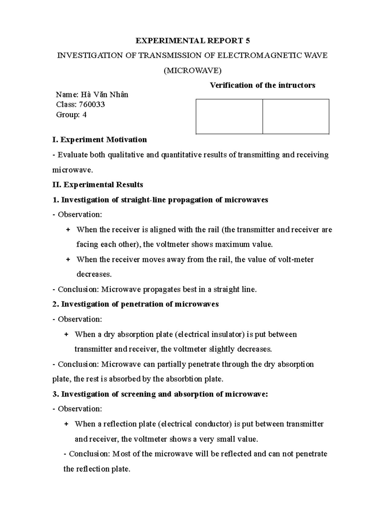 Experimental Report 5: Investigation of Microwave Transmission (760033 ...