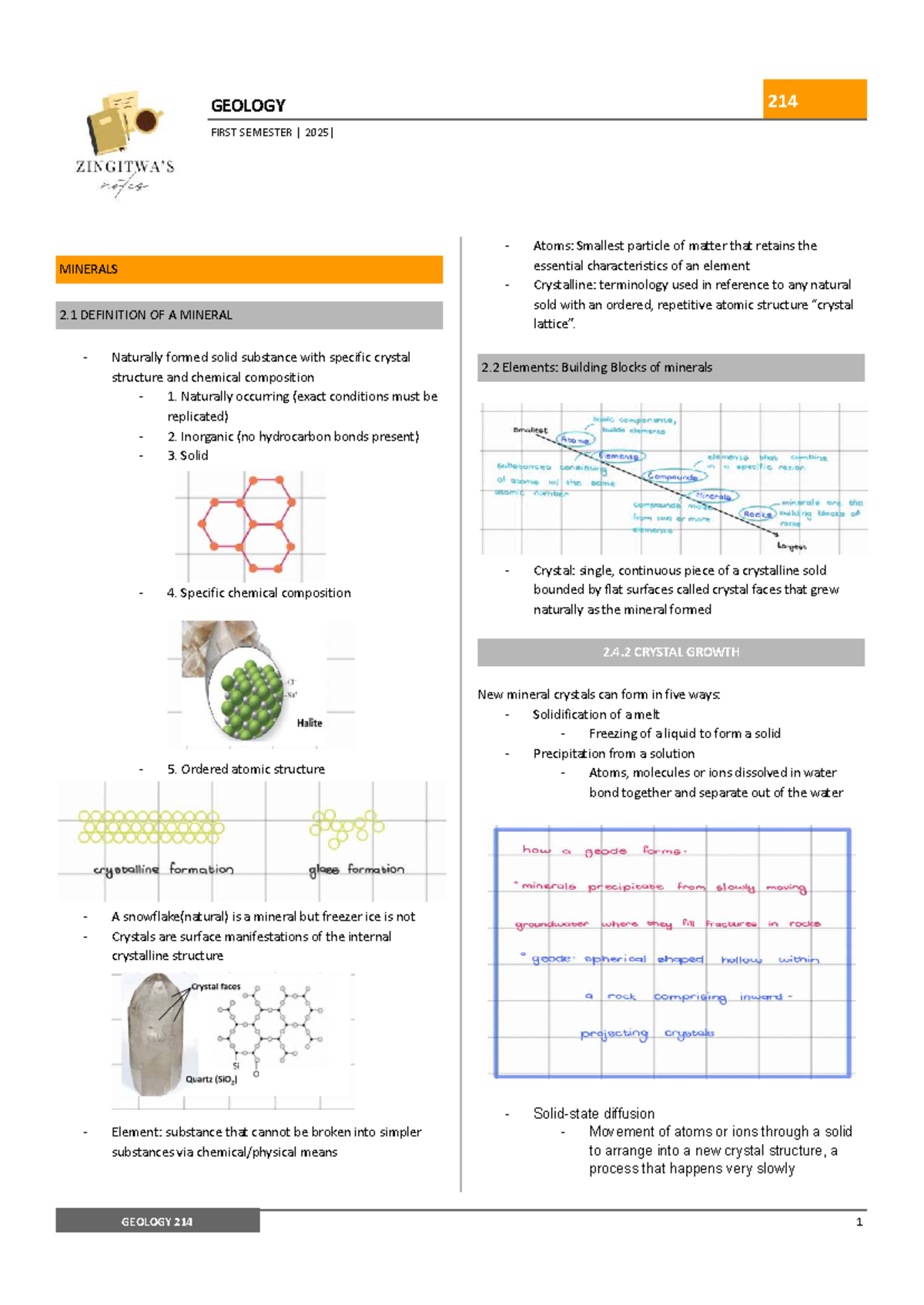 214 GEOLOGY FIRST SEMESTER: Comprehensive Notes on Minerals and Rocks ...