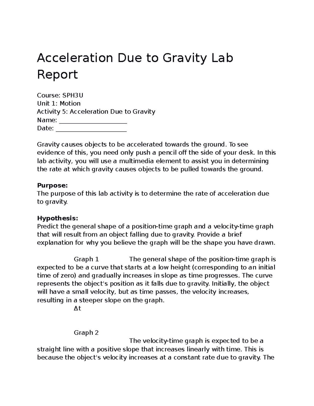 SPH3U: Acceleration Due to Gravity Lab Report & Analysis - Studocu