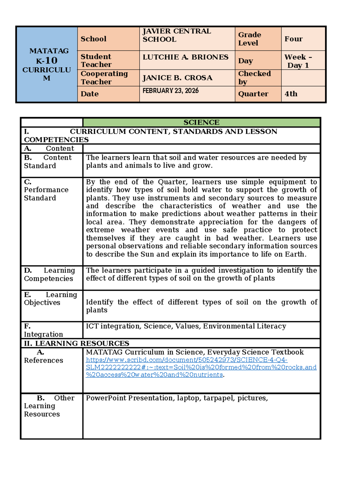 Grade 4 Science Lesson Plan: Soil Types and Plant Growth (Q4) - Studocu