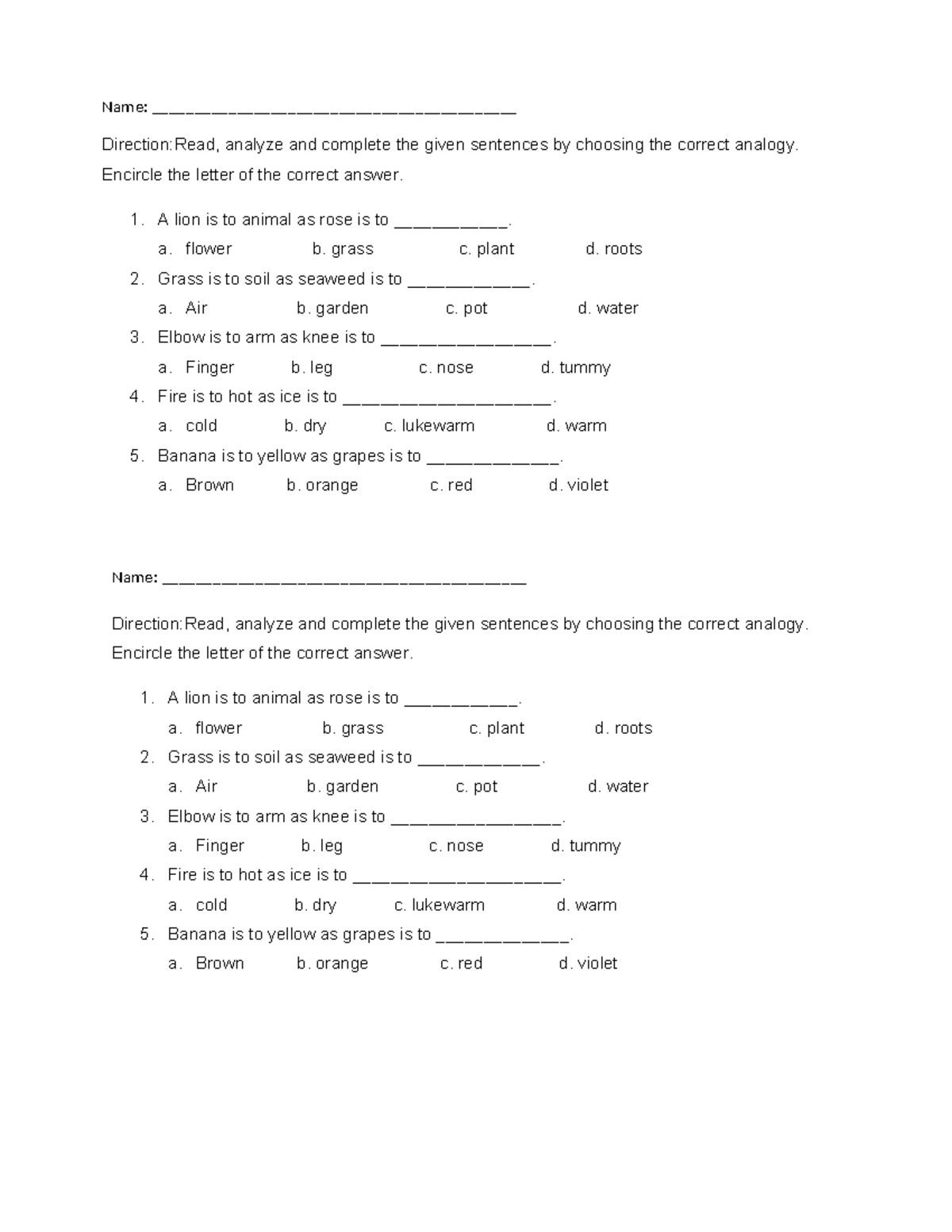 CO Analogy Evaluation - Lesson Plan for Correct Analogies - Studocu