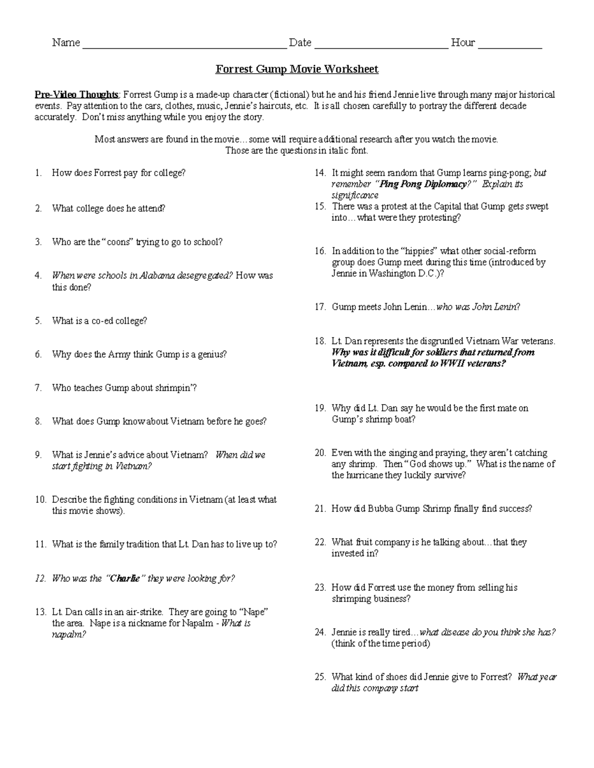 Forrest Gump Movie Worksheet Questions - 2019 Study Guide - Studocu